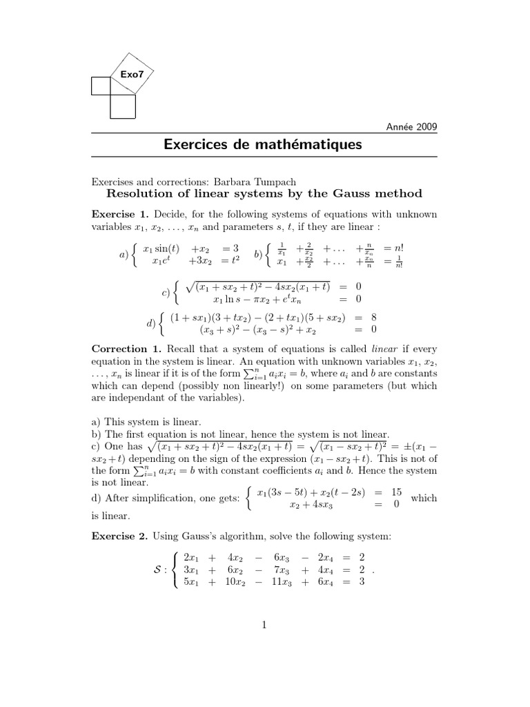 Exercices de Math Ematiques: Resolution of Linear Systems by The Gauss Method | PDF | Applied ...