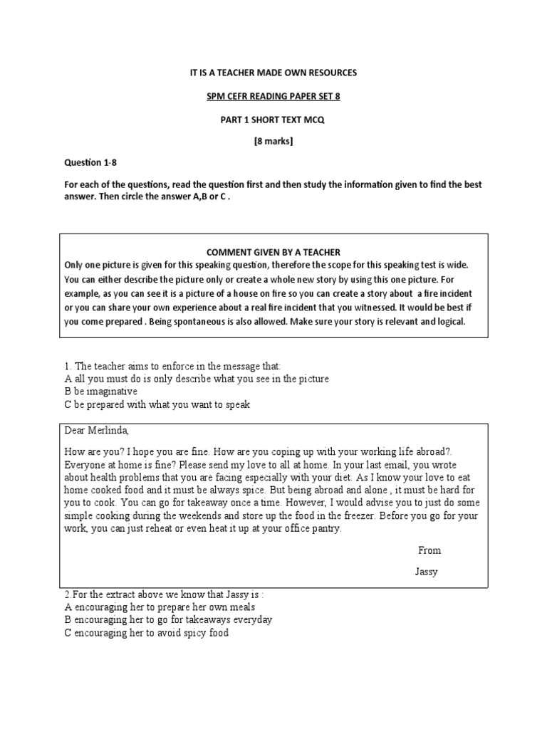 SPM Cefr Reading Paper Set 88888 | PDF | Housekeeping