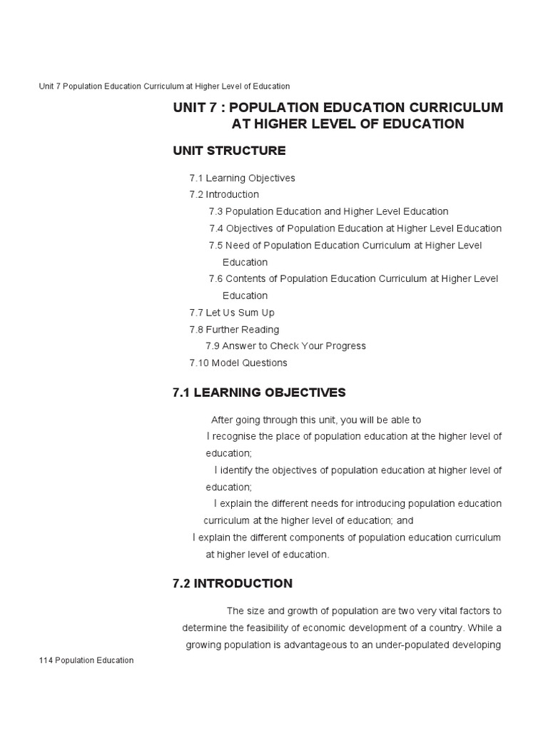 Population Education Curriculum at Higher Level of Education | PDF ...