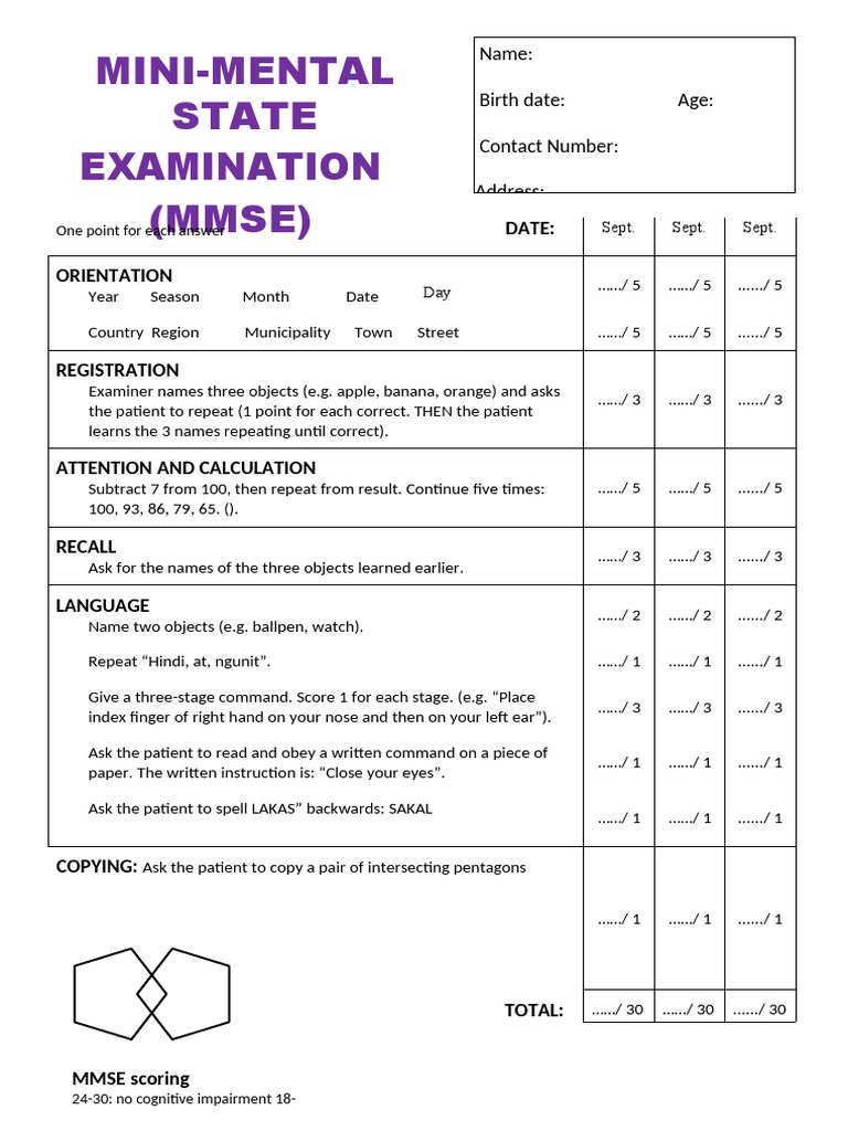 Mini-Mental State Examination (MMSE) : Date: Orientation | Download ...