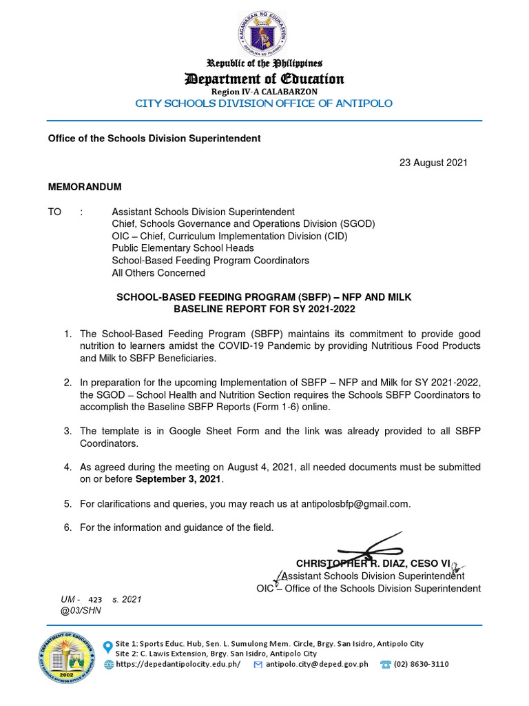 Um-423 School-Based Feeding Program (SBFP) - NFP and Milk Baseline ...