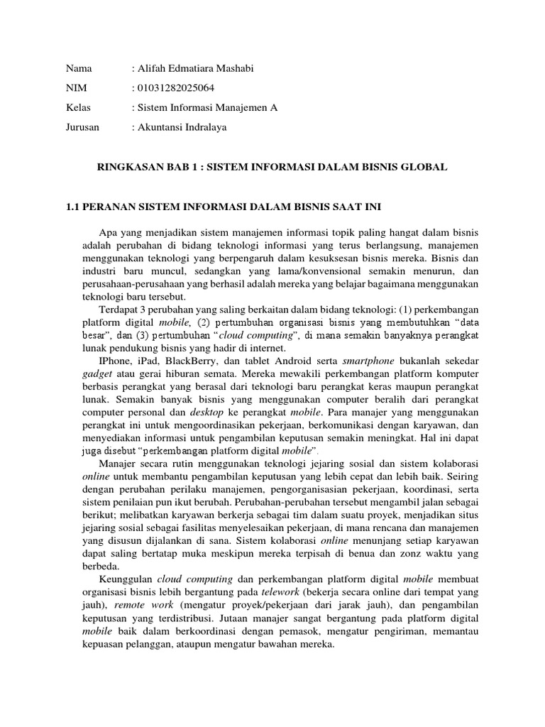 Tugas 1 SIM A - Alifah Edmatiara Mashabi - 01031282025064 - Merangkum Bab 1 | PDF