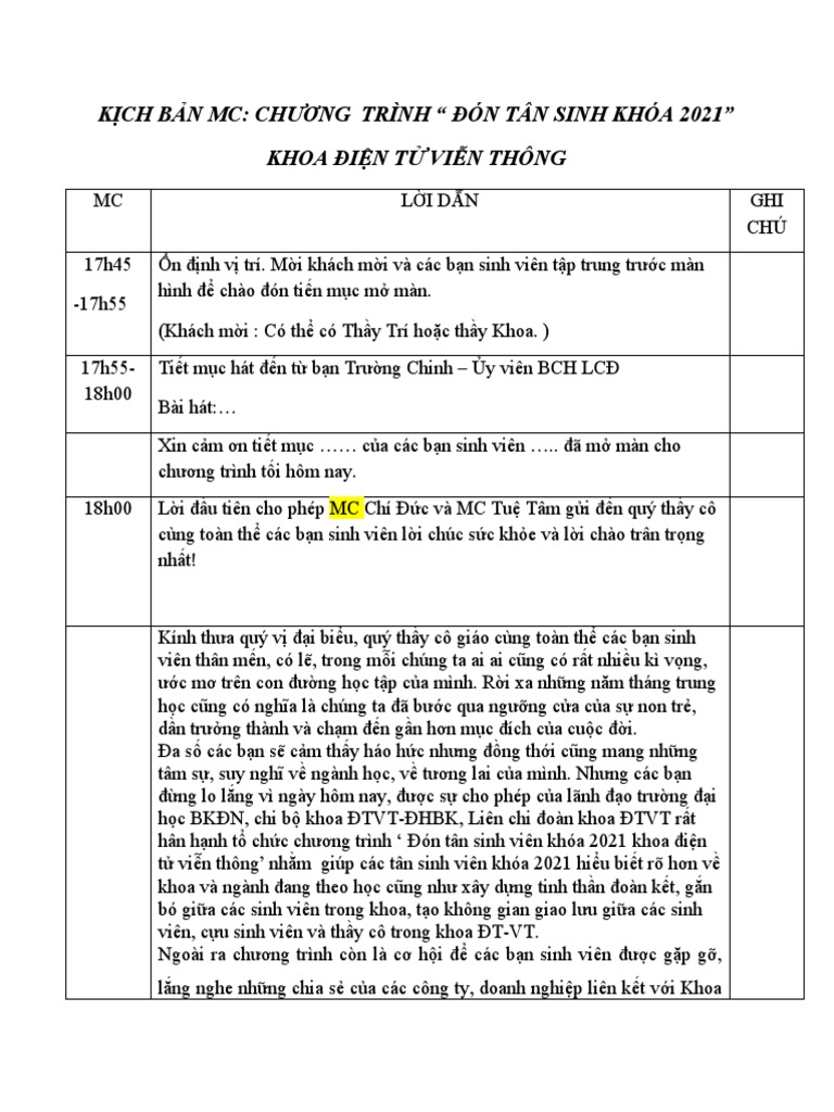 KỊCH BẢN MC ĐÓN TÂN SINH VIÊN 2021 | PDF
