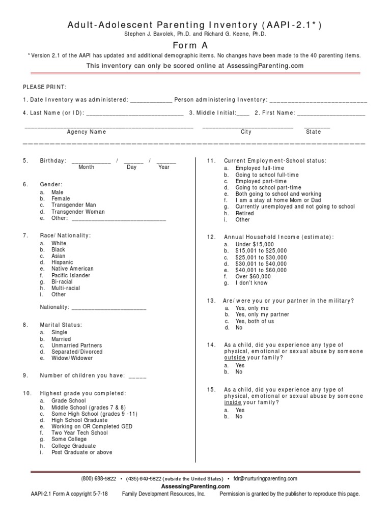 Adult-Adolescent Parenting Inventory (AAPI-2.1 ) Form A | PDF ...