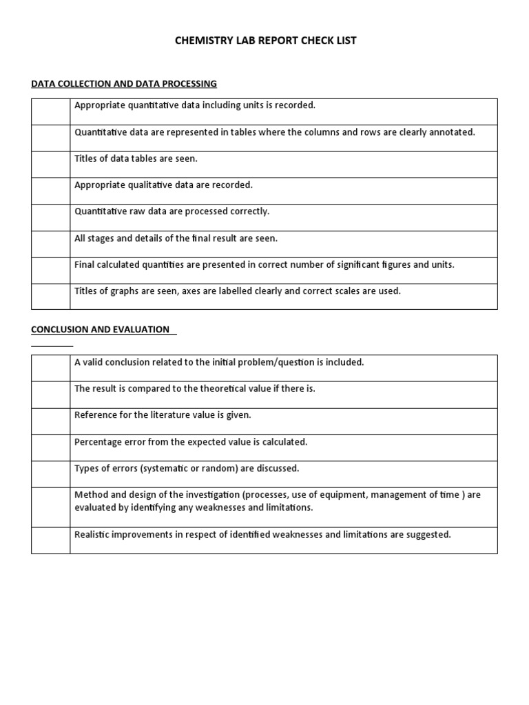 Chemistry Lab Report Check List: Data Collection and Data Processing | PDF