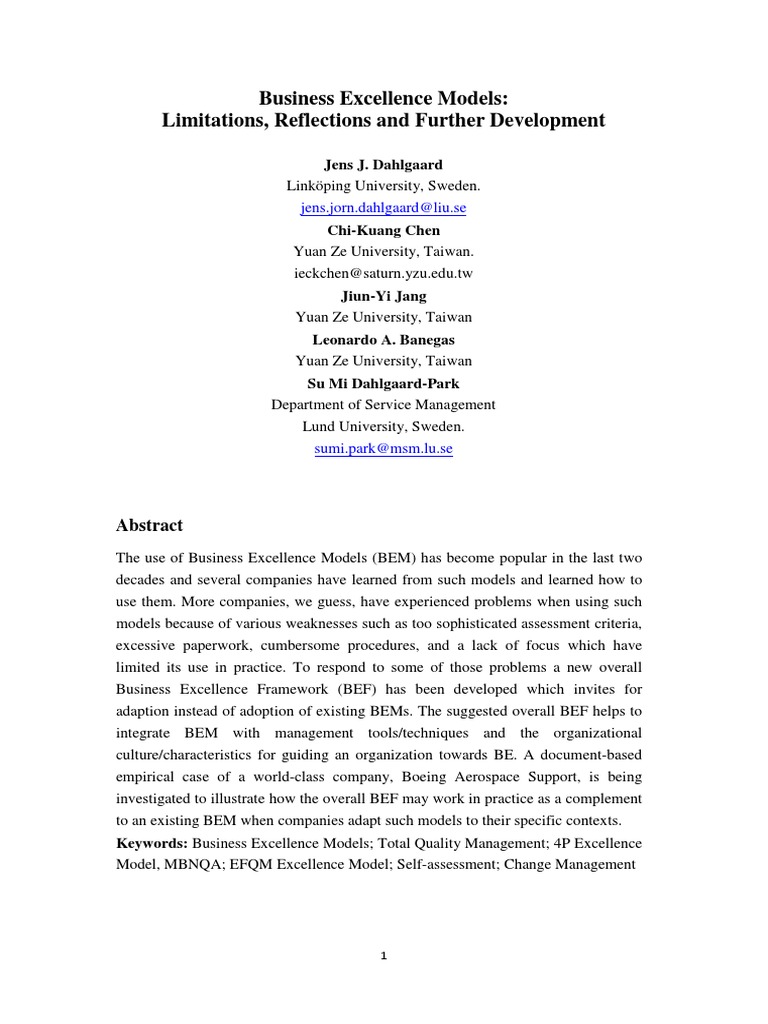 Business Excelence Models (Paper) | PDF | Leadership | Organizational ...