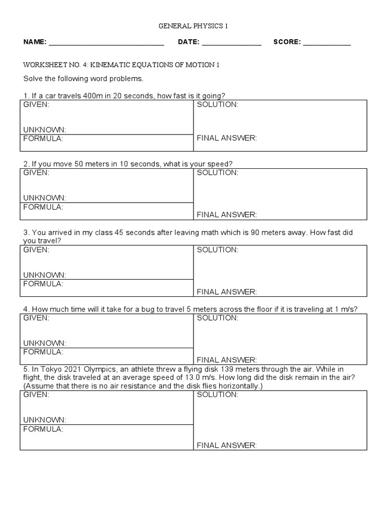 Worksheet No. 4 Kinematic Equations of Motion 1 Questionnaire | PDF ...