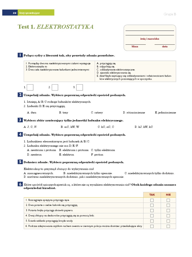 (Test 1) Elektrostatyka (B) | PDF
