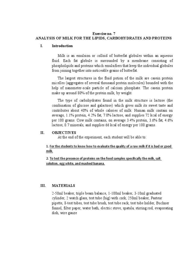Exp. 7 Analysis of Milk For The Lipids Carbohydrates and Proteins | PDF ...