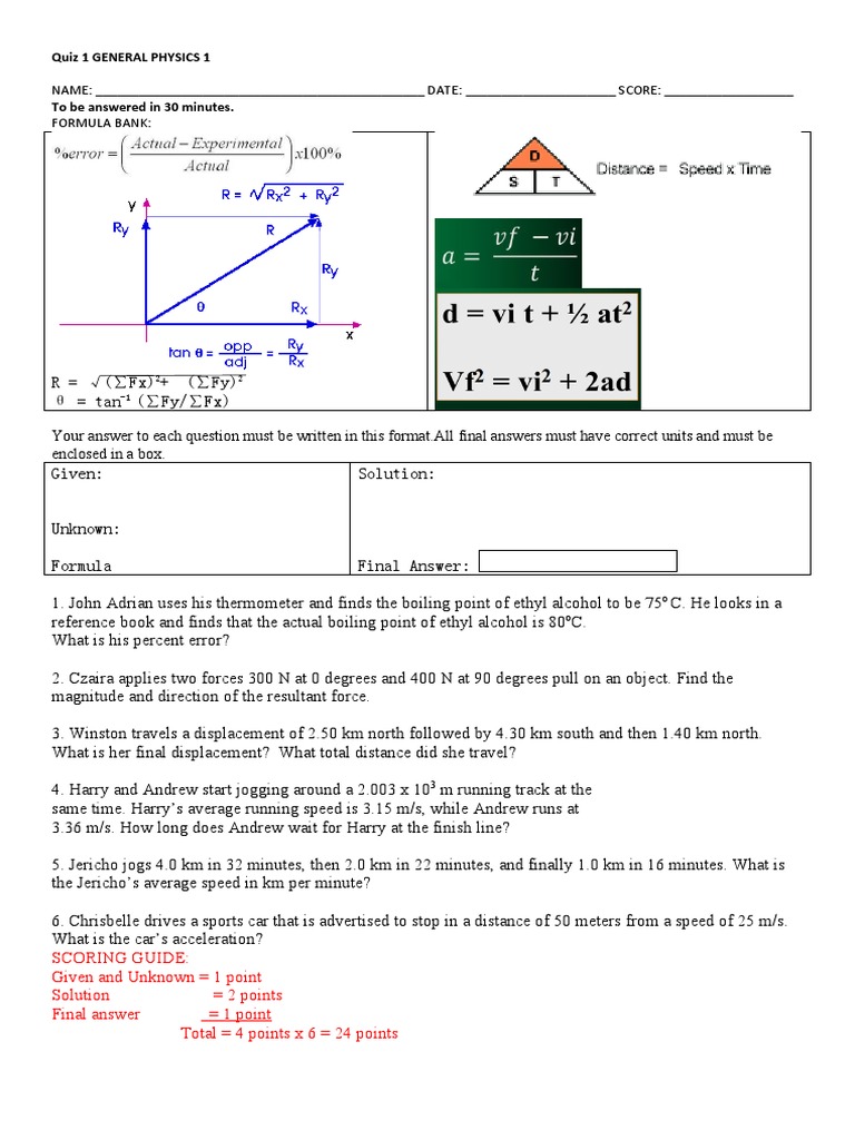 Quiz 1 GENERAL PHYSICS 1 | PDF | Teaching Methods & Materials | Science ...