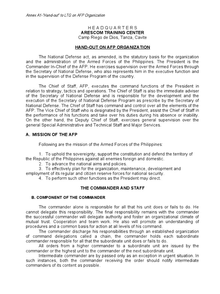 Annex A1 Hand Out Afp Orgn | PDF | Officer (Armed Forces) | Commander ...