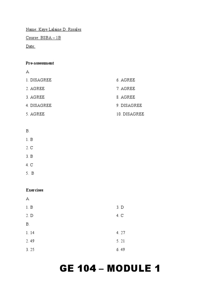 GE 104 MODULE 1 (Answer Sheet) | PDF | Mathematics | Axiom