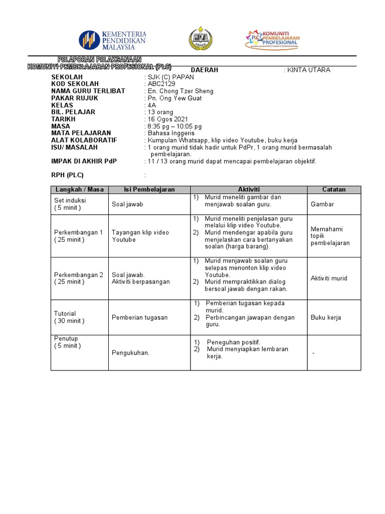PELAPORAN PLC SEKOLAH 2021 SN - Contoh | PDF