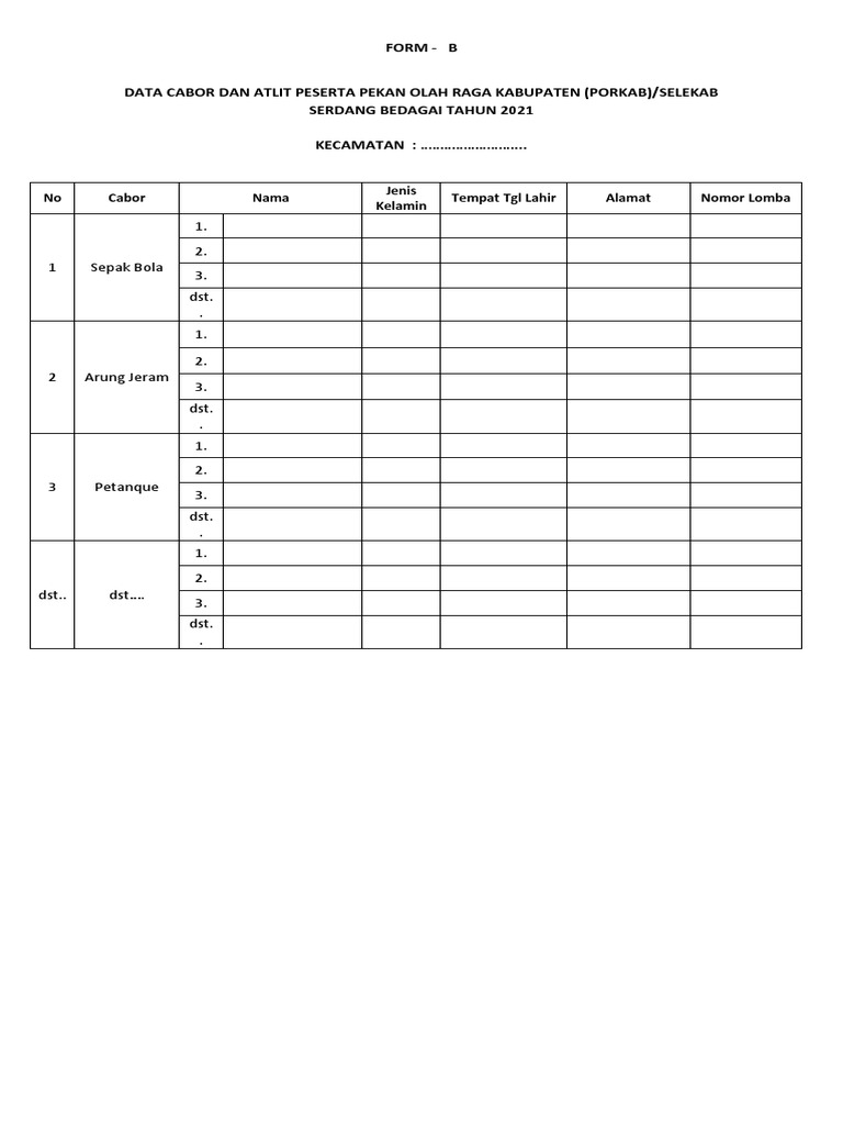 Form B Isian II Data Cabor Dan Atlit Peserta Porkab | PDF
