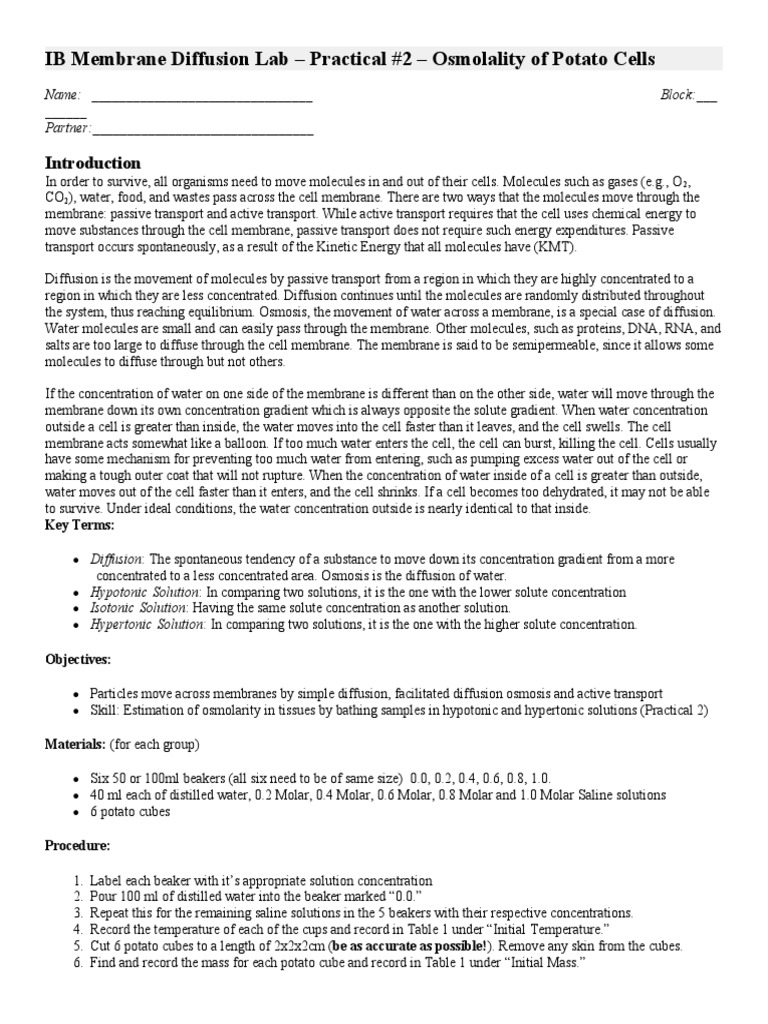 IB Membrane Diffusion Lab - Practical #2 - Osmolality of Potato Cells ...