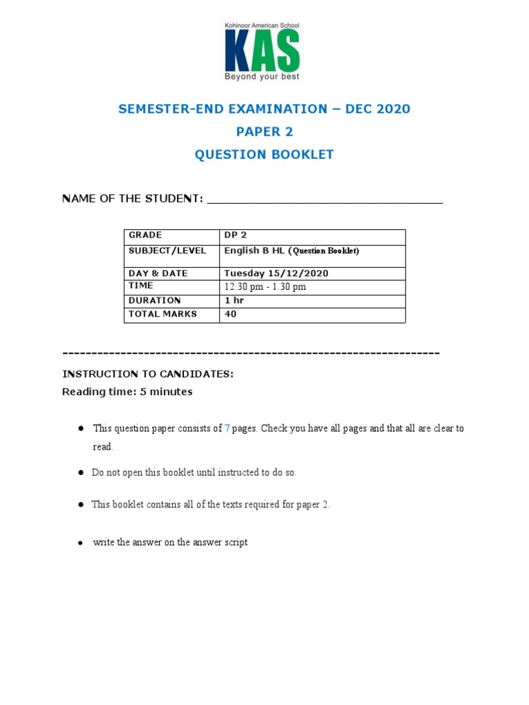 English B HL Paper 2 Question Booklet | PDF