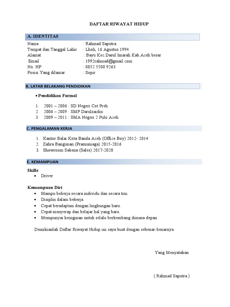CV Rahmad - Sopir | PDF