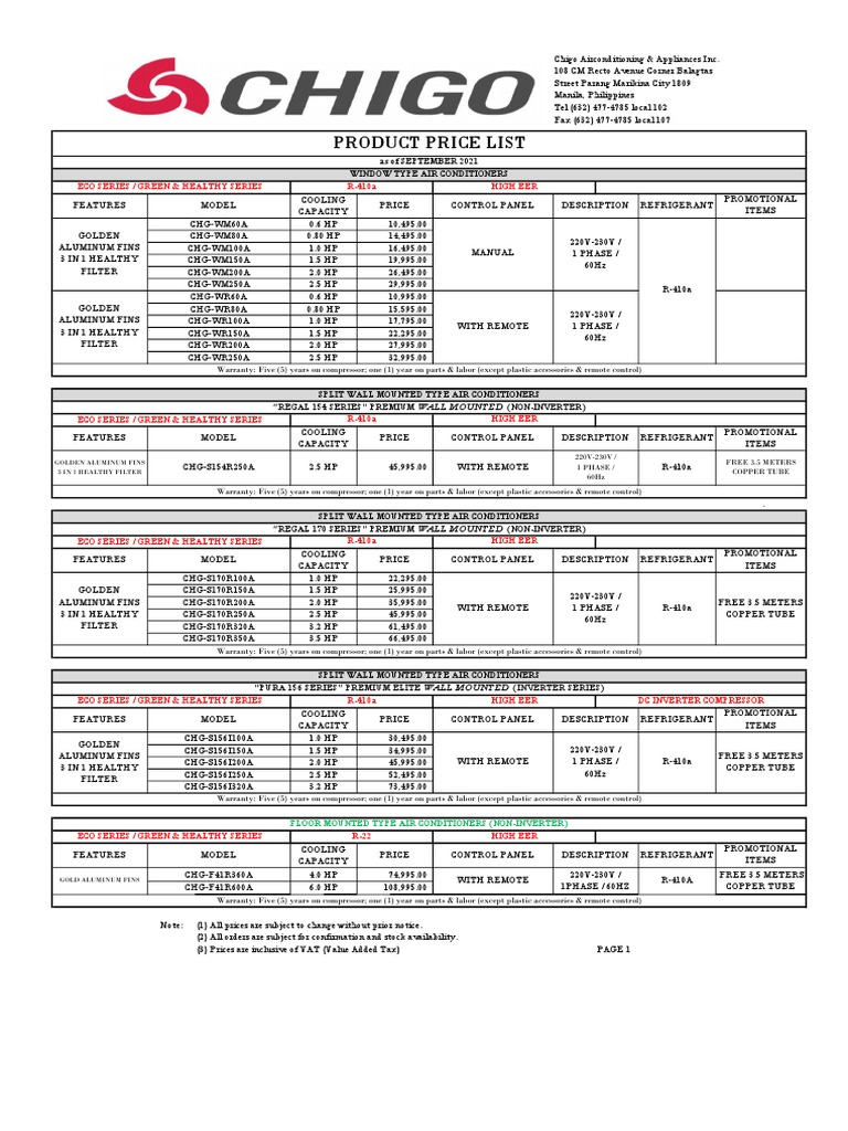 Chigo Product September Pricelist 2021 | PDF | Air Conditioning ...