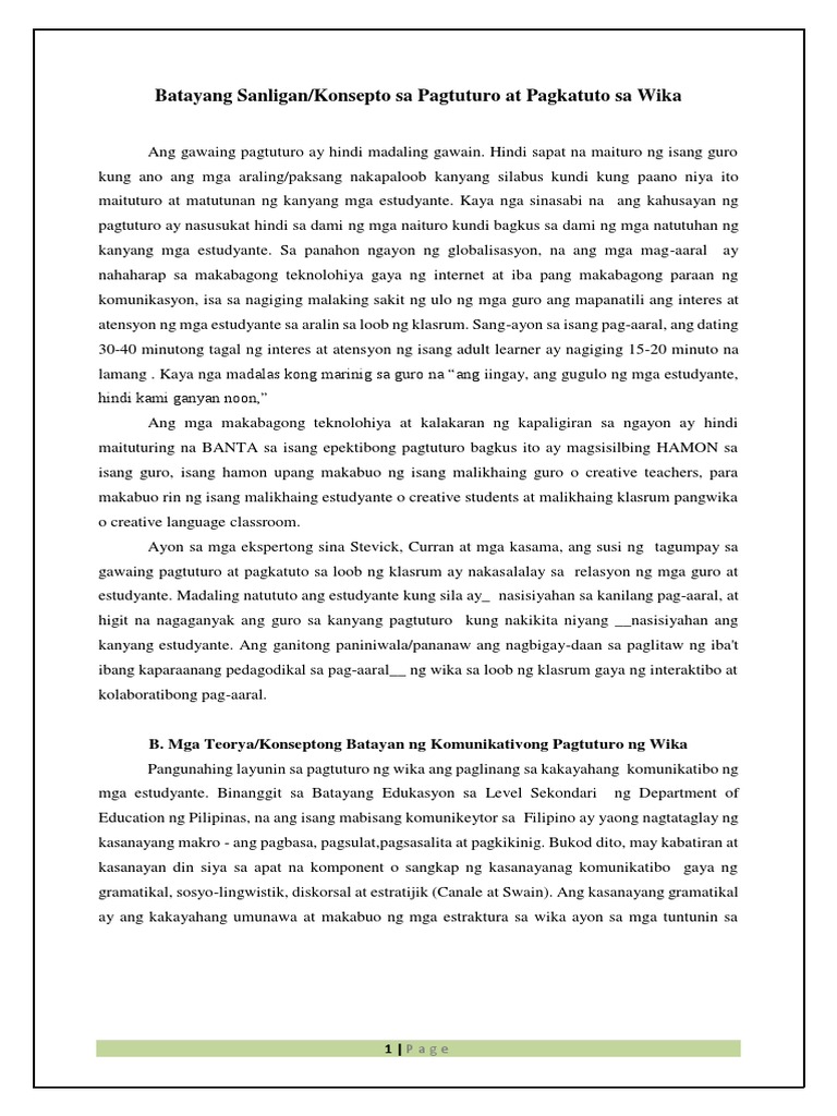 Kabanata 1 - SImulain Sa Pagkatuto NG Wika | PDF