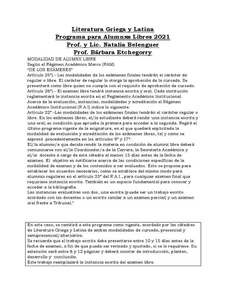 Programa Libres Literatura Griega y Latina 2021 | PDF | Prueba (evaluación) | Homero