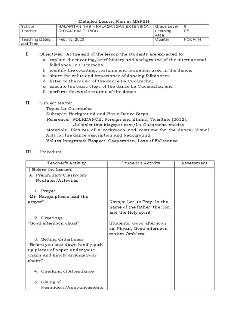 LP (La Cucaracha) Unit IV - 1 | PDF | Lesson Plan | Dances