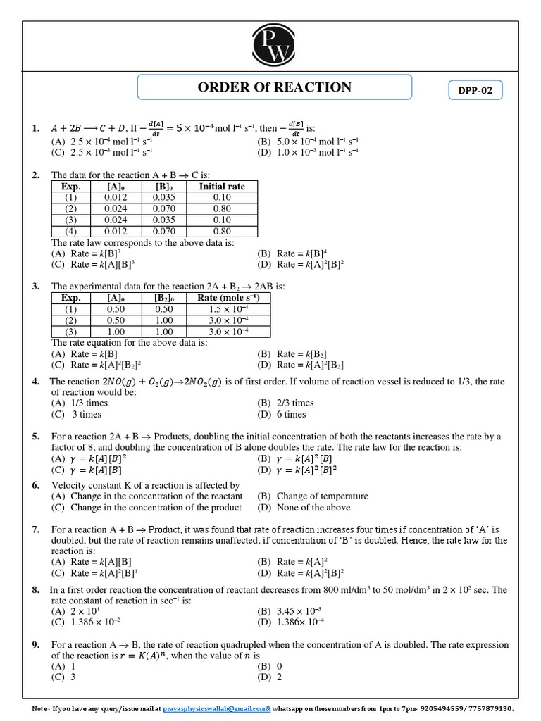 Chemical Kinetics - DPP-02 (Of Lec-03) - DPP - 02 | PDF | Reaction Rate | Chemical Engineering