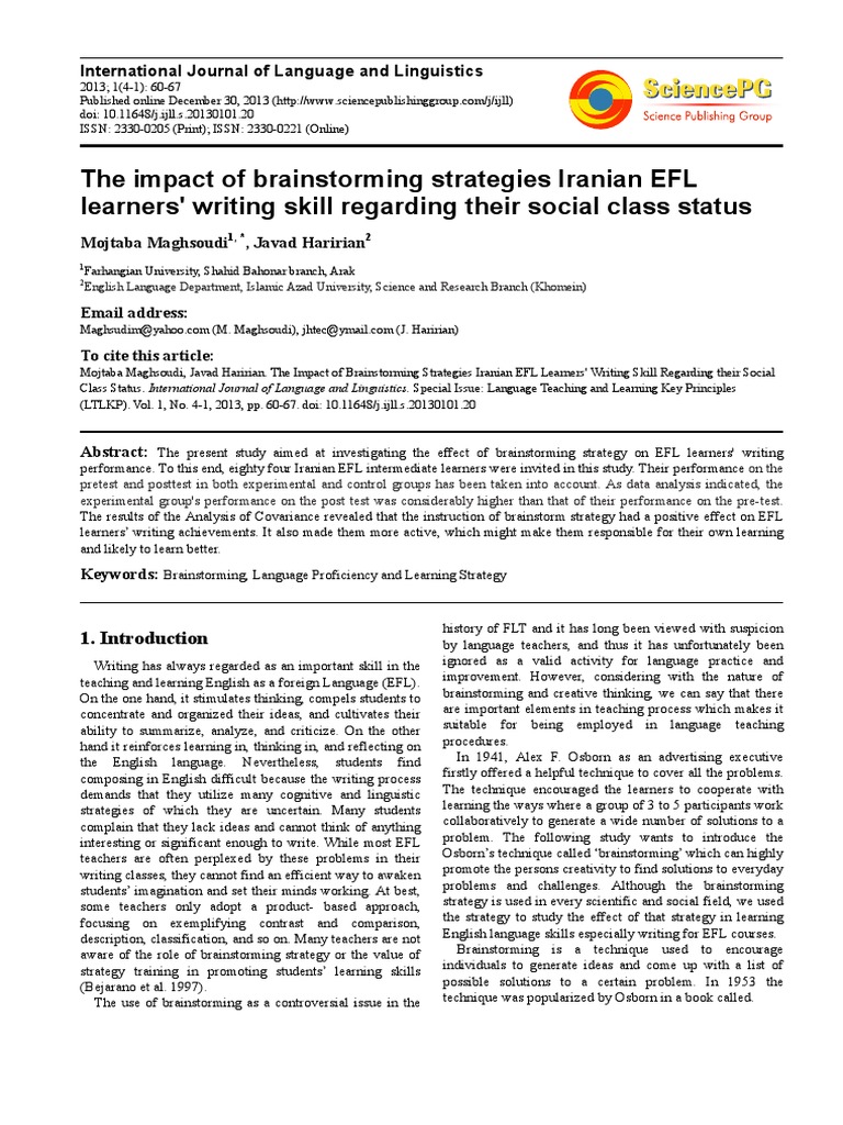 The Impact of Brainstorming Strategies Iranian EFL Learners' Writing ...