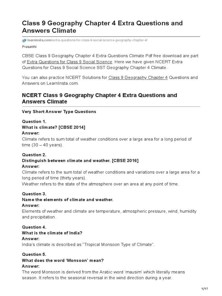 Class 9 Geography Chapter 4 Extra Questions and Answers Climate | PDF | Monsoon | Rain