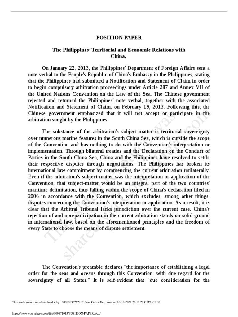 This Study Resource Was: Position Paper The Philippines' Territorial ...