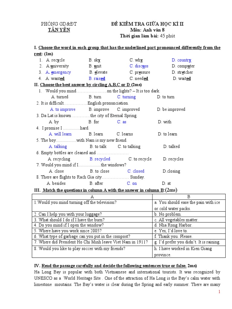 thi giữa HKII tiếng Anh lớp 8 (With key) | PDF | Vietnam