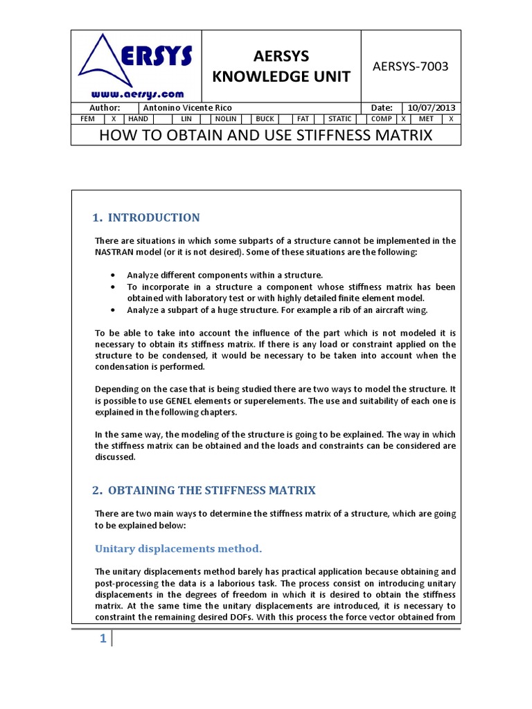 How To Obtain and Use Stiffness Matrix: Aersys Knowledge Unit | PDF | Stiffness | Finite Element ...
