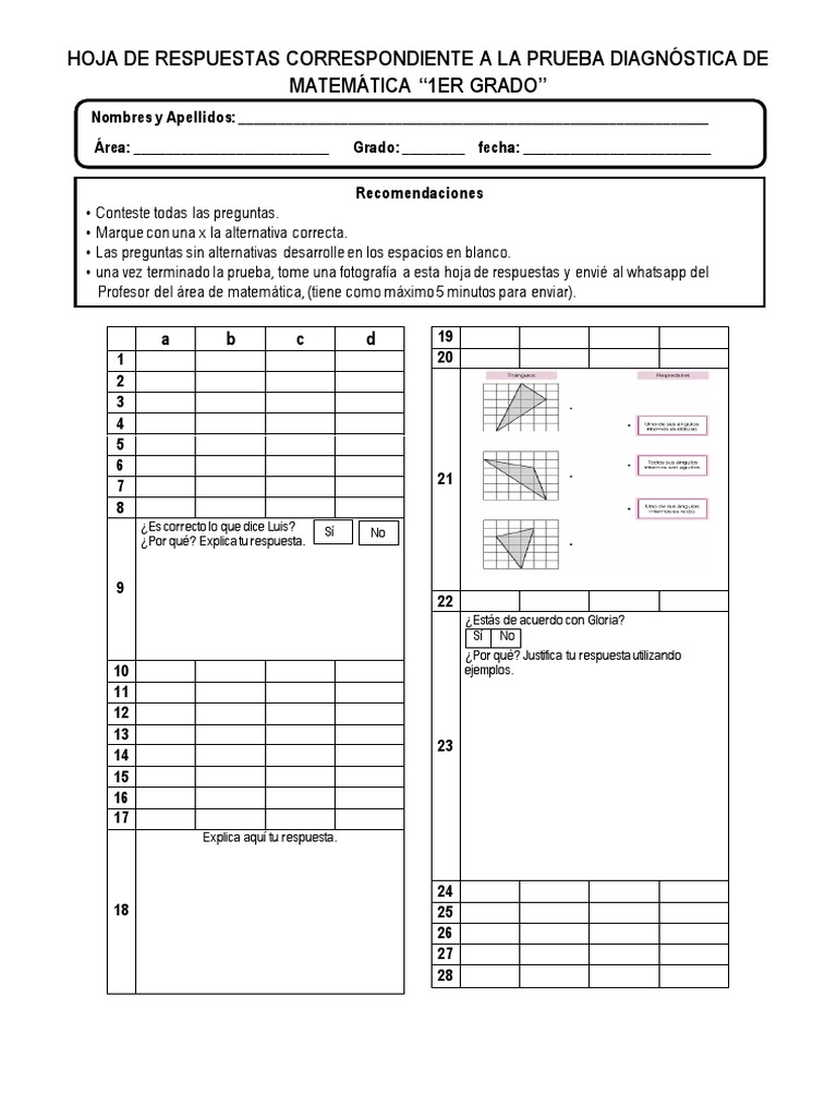 Hoja de Respuestas Prueba Diagnóstica 1er Grado | PDF