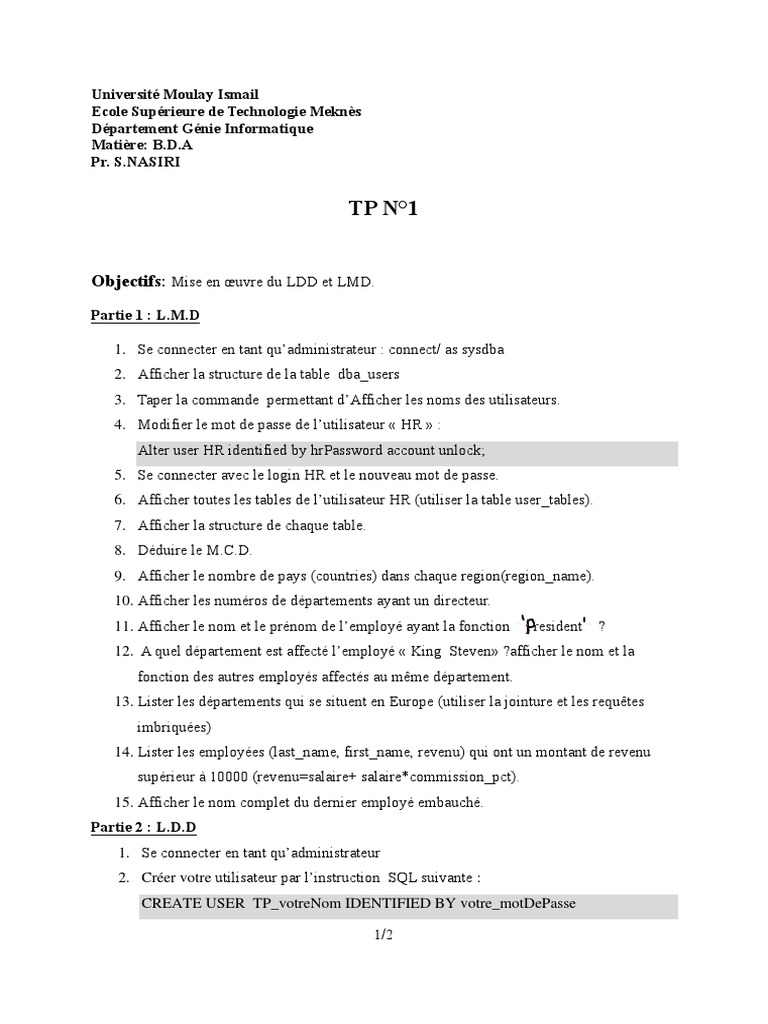 TP BDA : LDD et LMD en SQL | PDF | Échecs