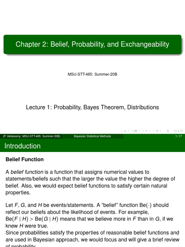 Chapter 2: Belief, Probability, and Exchangeability: Lecture 1: Probability, Bayes Theorem ...