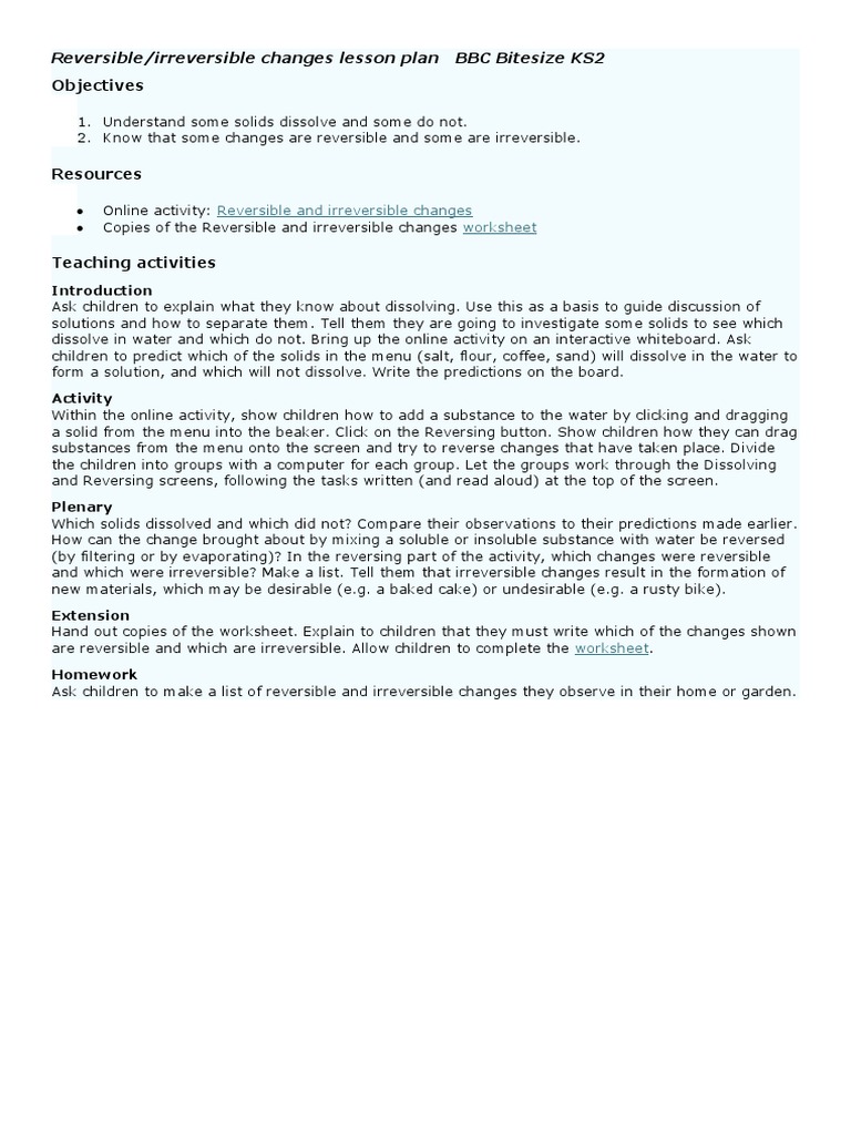 KS2 Reversible and Irreversible Changes Lesson | PDF