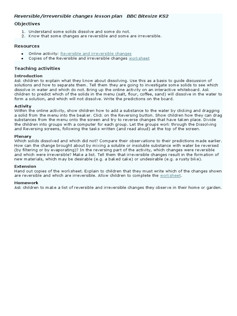 Objectives: Reversible and Irreversible Changes Worksheet | PDF