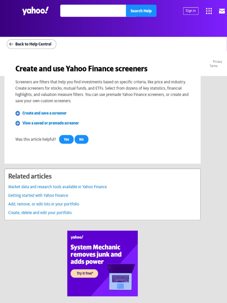 Yahoo Finance: Create Custom Screeners | PDF