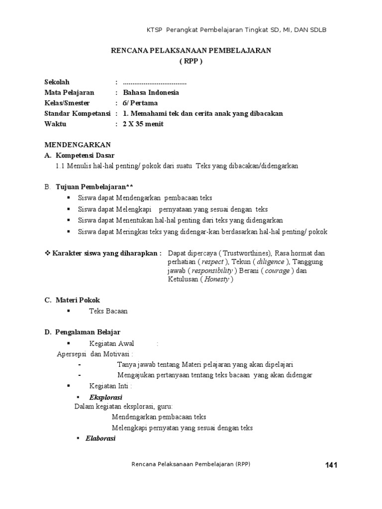 RPP Bahasa Indonesia Kelas 6 Semester 1 Dan 2 | PDF