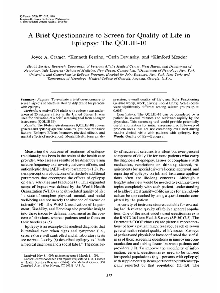 QOLIE-10: Epilepsy Quality of Life Tool | PDF | Epilepsy | Validity ...