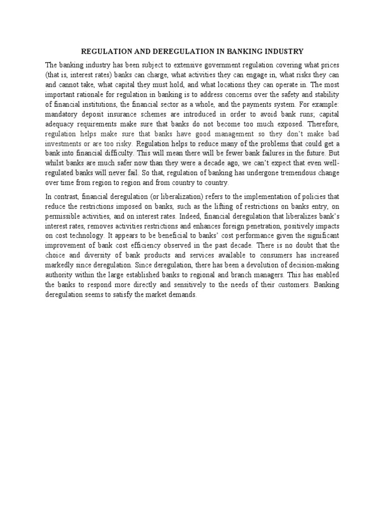 Regulation and Deregulation in Banking Industry | PDF