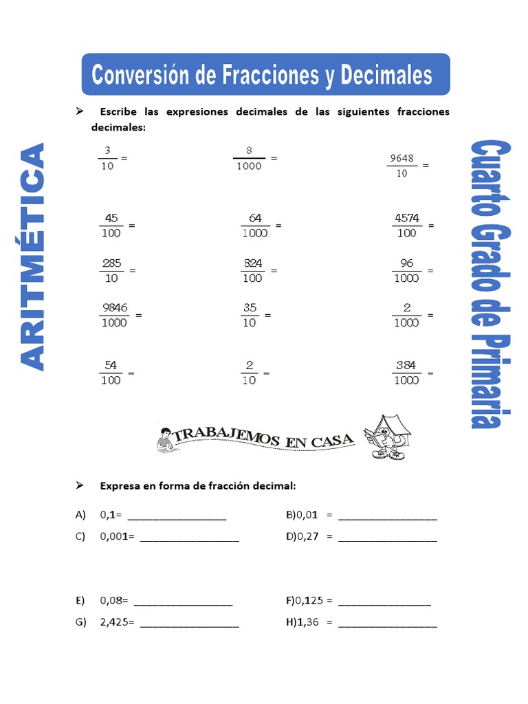 Hoja De Trabajo Para Convertir Decimales A Fracciones En Formato Pdf