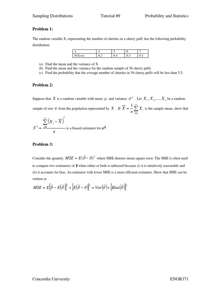 Problem 1:: Sampling Distributions Tutorial #9 Probability and ...