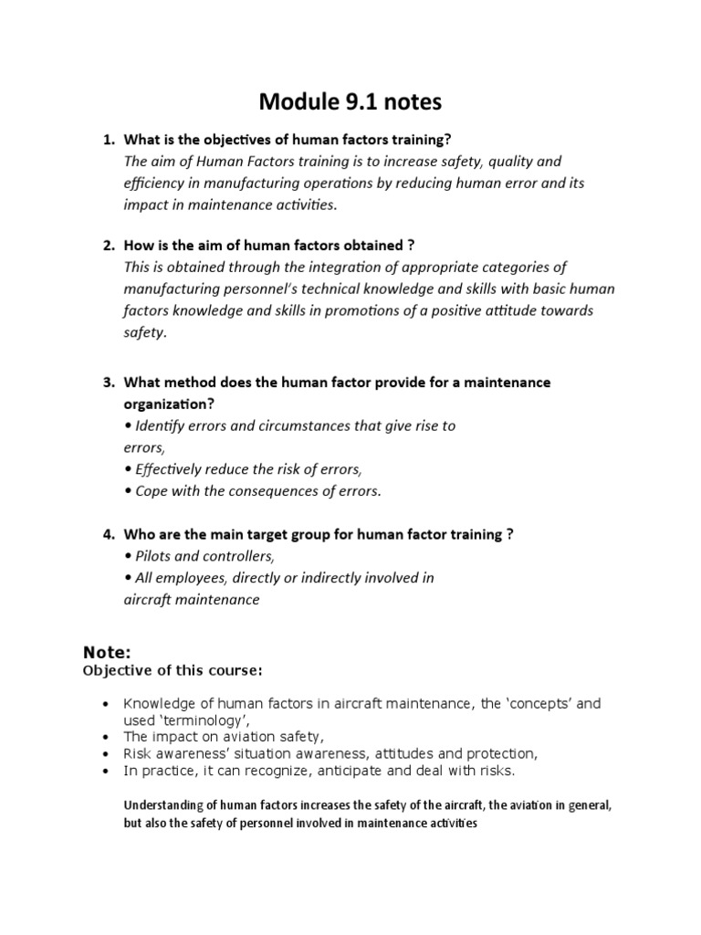 Module 9.1 Notes: 1. What Is The Objectives of Human Factors Training ...
