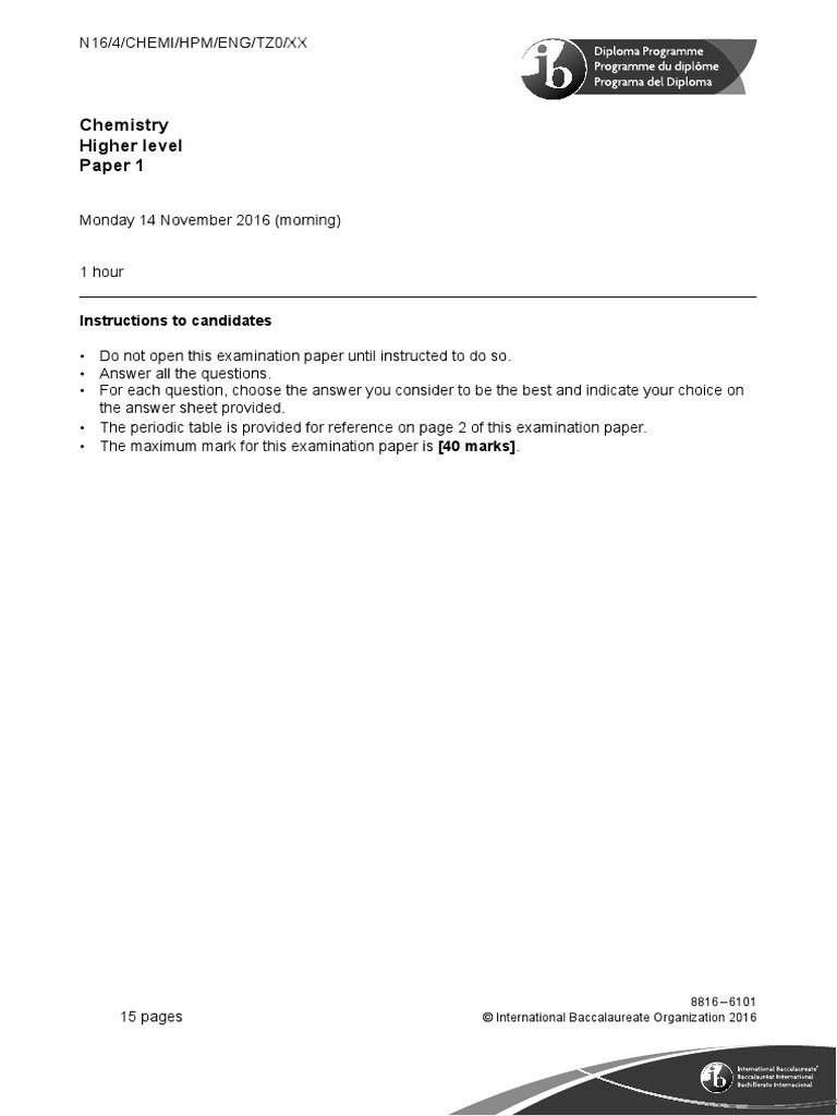 Chemistry Paper 1 HL Nov 2016 | PDF | Redox | Physical Sciences