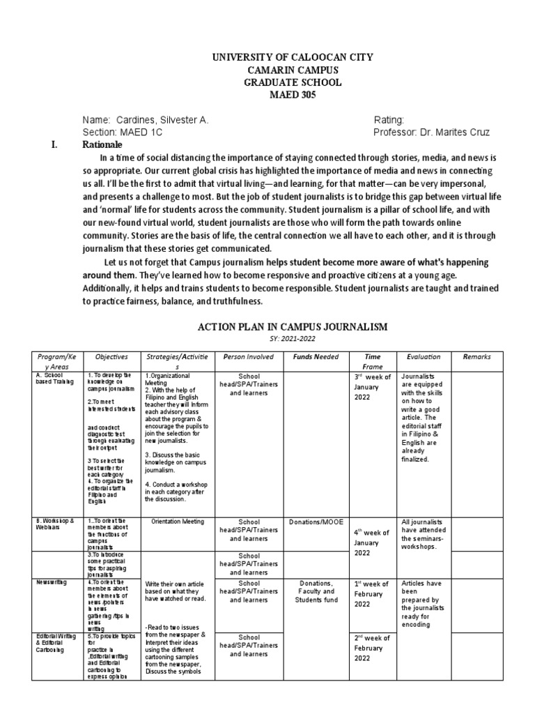 Campus Journalism Action Plan 2021-2022 | PDF | News | Journalism
