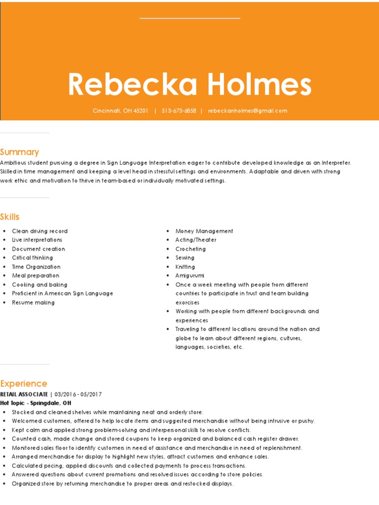 Rebecka Holmes Resume | PDF | Merchandising | American Sign Language
