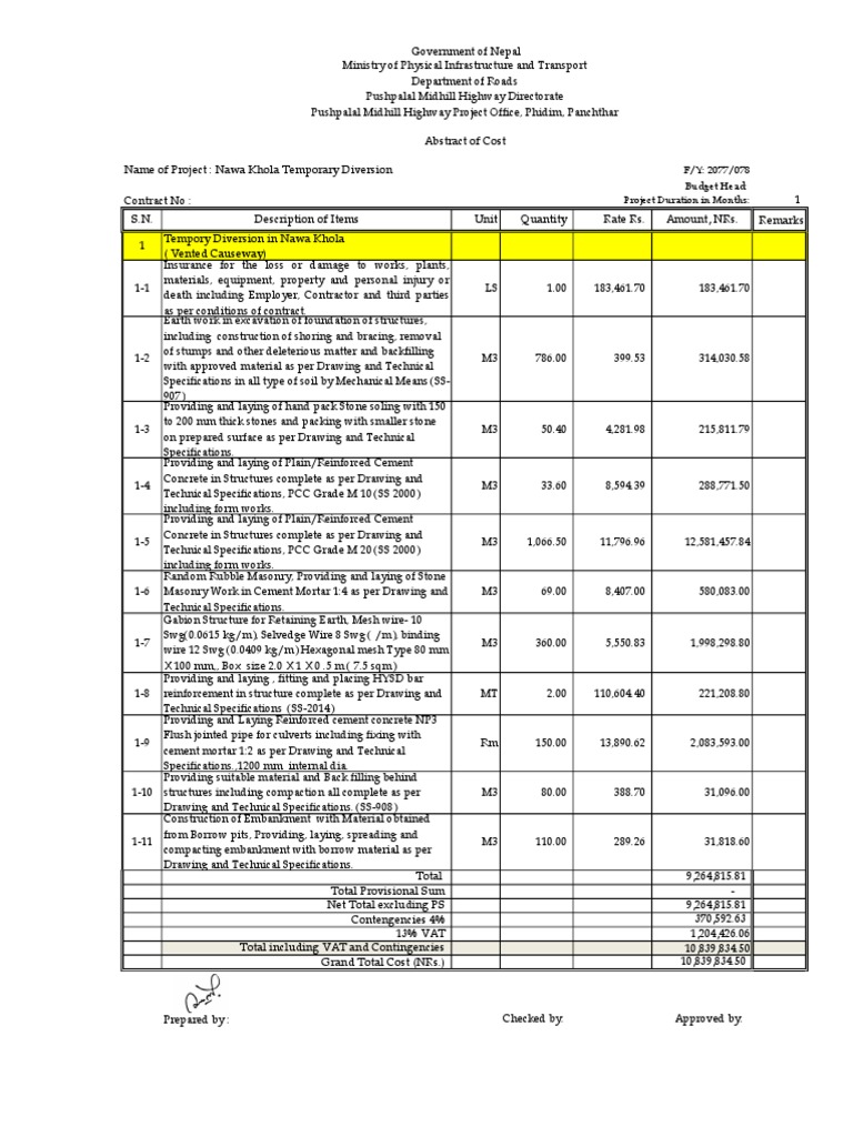 Nawa Khola Vented Causeway Estimates | PDF | Concrete | Foundation ...