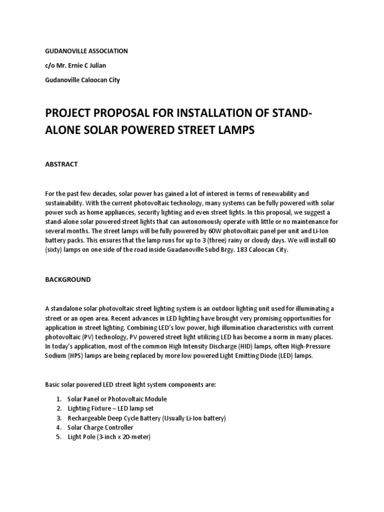 Project Proposal For Installation of Stand-Alone Solar Powered Street ...