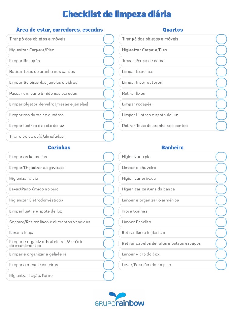 Checklist de Limpeza Diária Rainbow | PDF