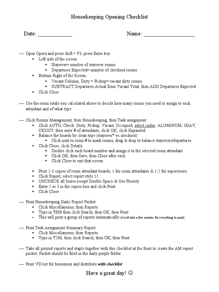 HSK Opening Checklist | PDF